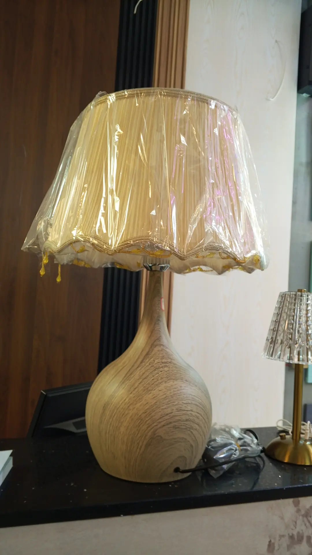 Contemporary Bell-Shaped Table Lamp with Light Brown Wood Grain Base ...