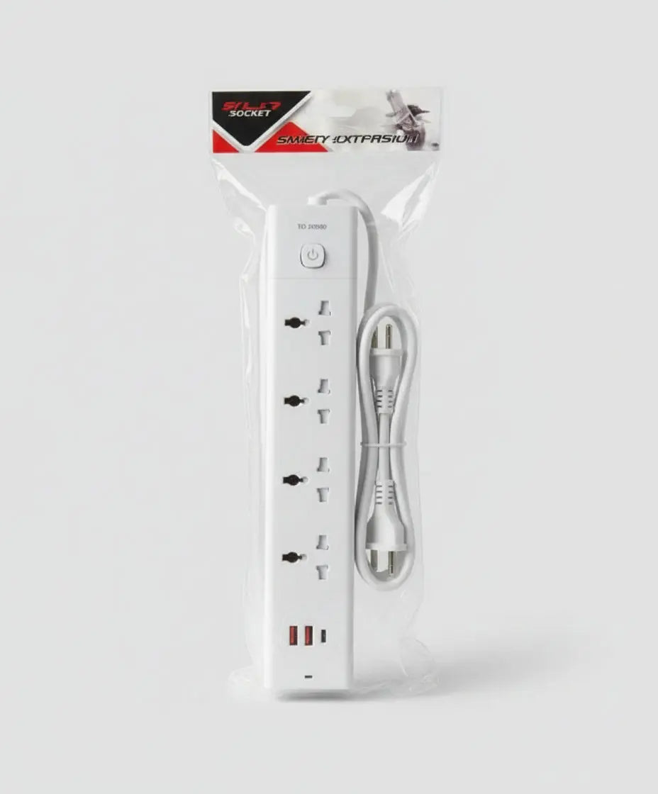 White 4-Outlet Power Strip with 3 USB Ports & Surge Protection ...